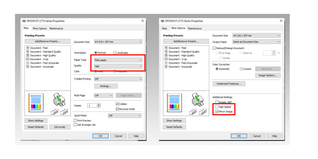 Print Settings For Fabric HR Sublimation Paper Epson Printer On 